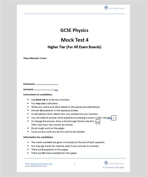GCSE Physics Mock Test 4 121 Private Tutor