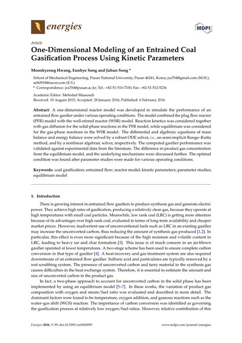 Pdf One Dimensional Modeling Of An Entrained Coal Gasification