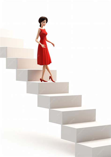 Mujer De Dibujos Animados En 3d Bajando Las Escaleras Aislada En Blanco