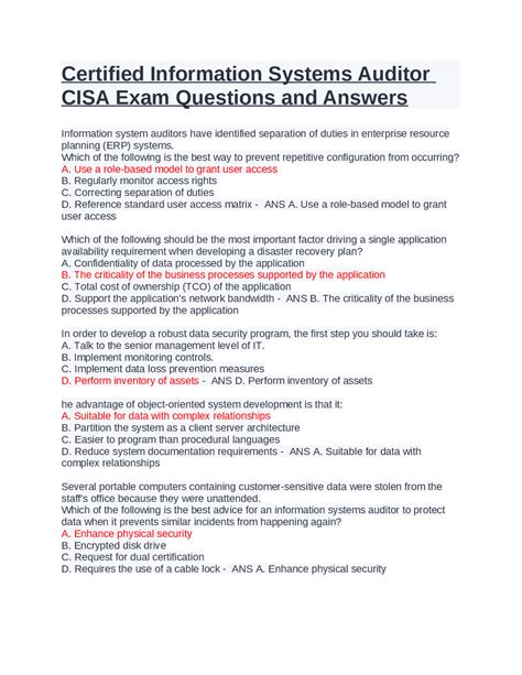 Certified Information Systems Auditor Cisa Exam Questions And Answers Exams Nursing Docsity