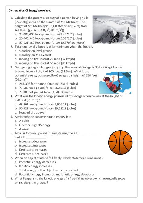 Conservation Of Energy Worksheet For 9th 12th Grade Lesson Planet Worksheets Library