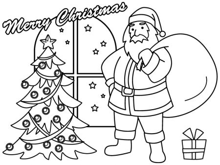 クリスマスサンタとツリーのぬりえ線画イラスト素材 イラスト無料かわいいテンプレート