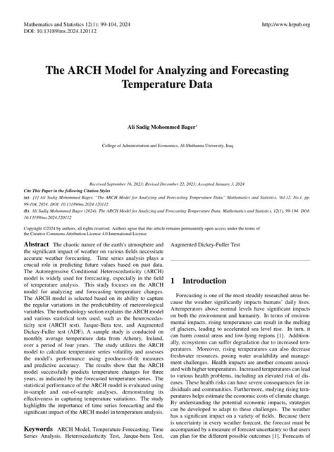 Pdf The Arch Model For Analyzing And Forecasting Temperature Data