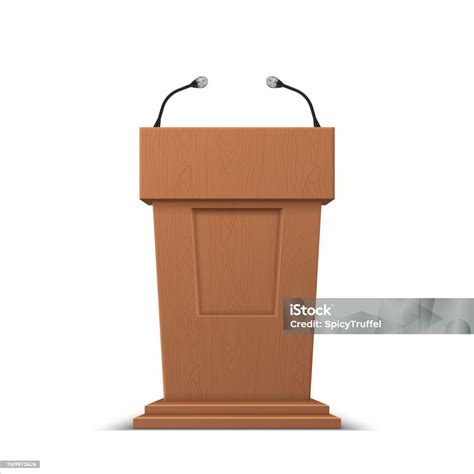 현실적인 토론 단계 3d 컨퍼런스 연설 트리뷴 마이크와 비즈니스 프리젠 테이션 무대 스탠드 벡터 절연 그림 3차원 형태에 대한 스톡 벡터 아트 및 기타 이미지 Istock