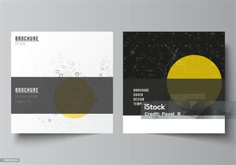 두 개의 정사각형 형식의 벡터 일러스트 레이아웃은 브로셔 전단지 잡지에 대한 디자인 템플릿을 다룹니다 동적 입자가 있는 과학 또는 기술 3d 배경 화학 및 과학 개념