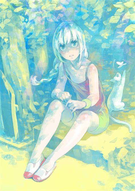Safebooru Bad Id Bare Shoulders Blonde Hair Blue Eyes Braid Butterfly Cat Flat Chest Legs Long
