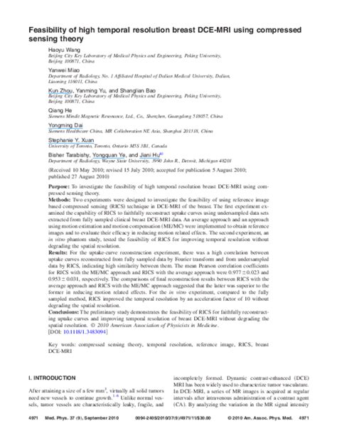 Pdf Feasibility Of High Temporal Resolution Breast Dce Mri Using Compressed Sensing Theory