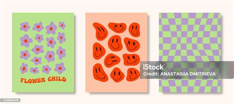 Y2k 포스터 세트 벡터 사이키델릭 배경 데이지 꽃 녹는 웃는 얼굴 체크 보드 미소에 대한 스톡 벡터 아트 및 기타 이미지 미소 왜곡된 이미지 1900 1909 년
