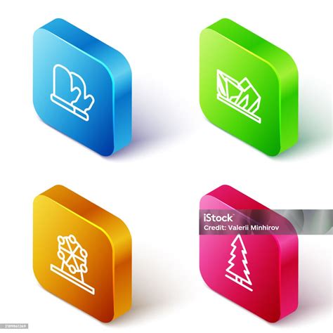 아이소 메트릭 라인 크리스마스 벙어리 장갑 로얄 온타리오 박물관 관람차 및 캐나다 가문비 나무 아이콘을 설정하십시오 벡터 3차원 형태에 대한 스톡 벡터 아트 및 기타 이미지