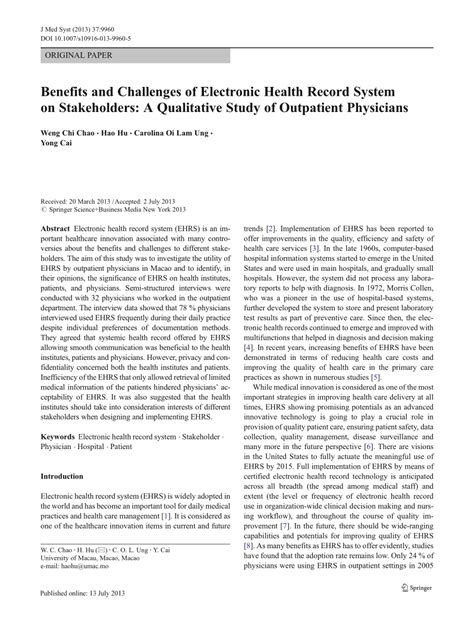 Pdf Benefits And Challenges Of Electronic Health Record System On Stakeholders A Qualitative