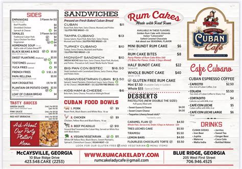 Cuban Food Menu Rum Cake Lady Cuban Cafe