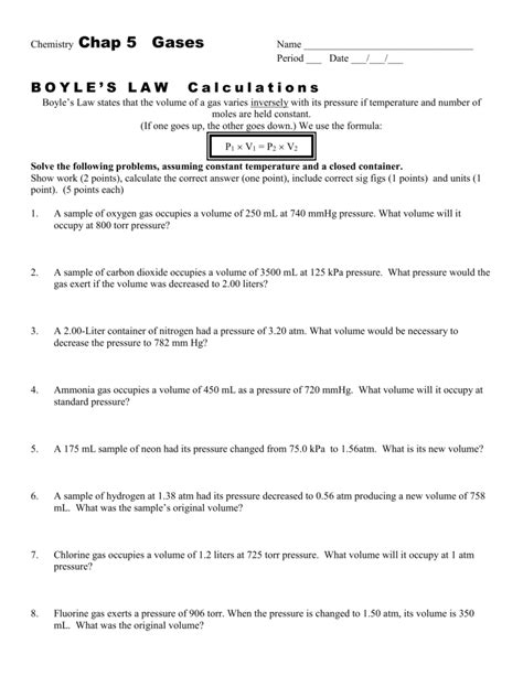 Boyles Law Chemistry Worksheet Gas Law Calculations