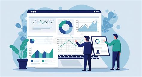 two people analyzing data on a giant laptop screen displaying various graphs and stock