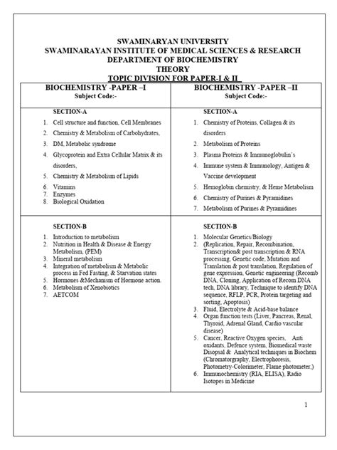 Simsr 1st Mbbs Biochem Syllabus And Paper Pattern Pdf Metabolism Biochemistry