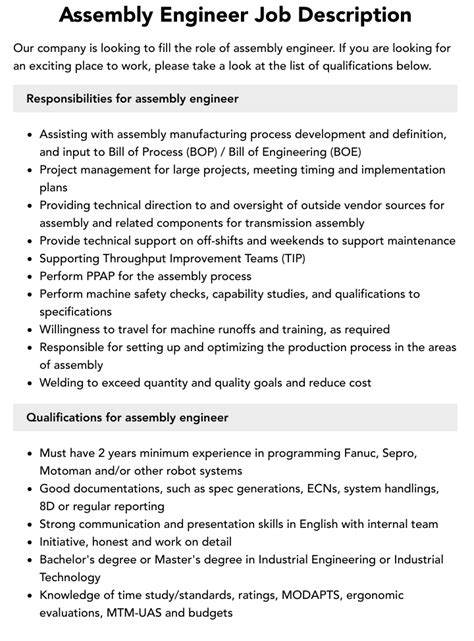 Assembly Engineer Job Description Velvet Jobs