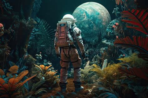 Intergalactic Traveler Exploring Unknown Planet Surrounded By Strange