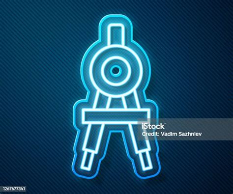 파란색 배경에 격리 된 빛나는 네온 라인 그리기 나침반 아이콘 나침반 기호입니다 드로잉 및 교육 도구 기하학적 계측기 벡터 일러스트레이션 Draft Sports에 대한