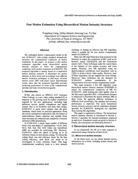 Pdf Fast Motion Estimation Using Hierarchical Motion Intensity Structure