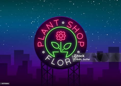 꽃가 게 식물 꽃 식물 상징 기호 네온 템플릿 디자인 요소 비즈니스 꽃 배달 꽃집 원 예에 관련 된 생생한 광고 빌보드 Led 조명에 대한 스톡 벡터 아트 및 기타 이미지