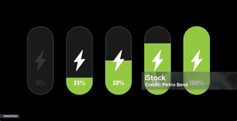 번개 기호와 백분율이 있는 배터리 충전 표시기 세트tag이자형 0에서 100까지의 충전 수준 고속 무선 충전 기술 벡터 일러스트