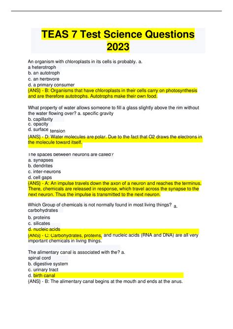 Teas 7 Test Science Questions 2023 With Correct Answers Science Questions Photosynthesis