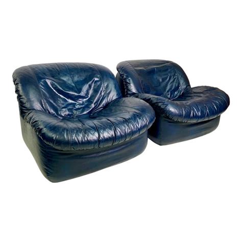 pair mid century blue leather matching pod style chairs chairish