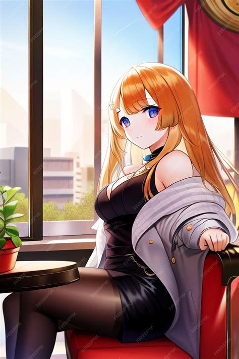Premium Ai Image Anime Girl Sitting In A Chair With A Red Curtain