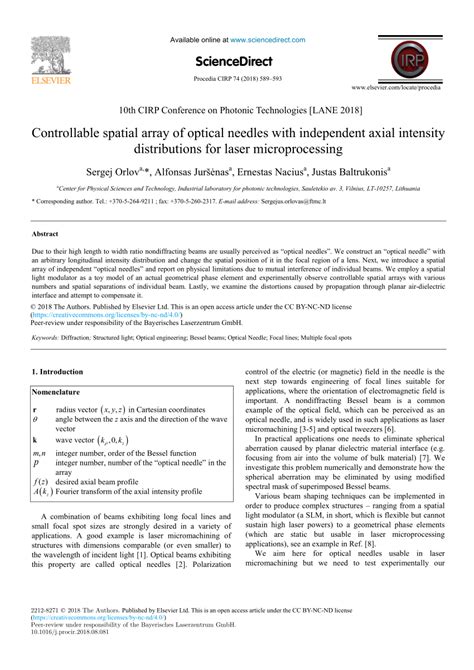 Pdf Controllable Spatial Array Of Optical Needles With Independent Axial Intensity