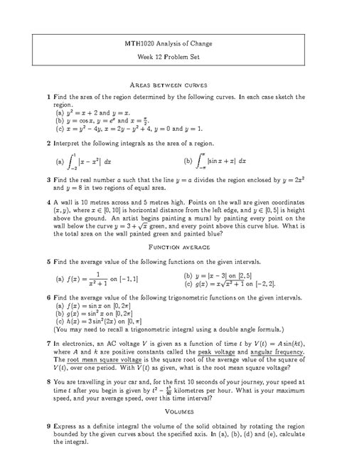 Week Problem Set Mth Analysis Of Change Week Problem Set Areas Between Curves Find