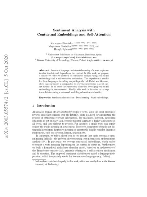 Sentiment Analysis With Contextual Embeddings And Self Attention Pdf Artificial Neural