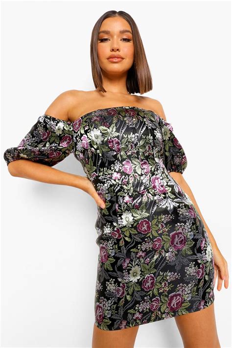 Puff Sleeve Corset Detail Jacquard Mini Dress Boohoo Nz