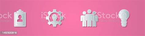 이력서 휴먼 기어 사용자 그룹 및 헤드 램프 전구 아이콘으로 용지 절단 클립 보드를 설정합니다 종이 아트 스타일 벡터 3차원 형태에 대한 스톡 벡터 아트 및 기타 이미지