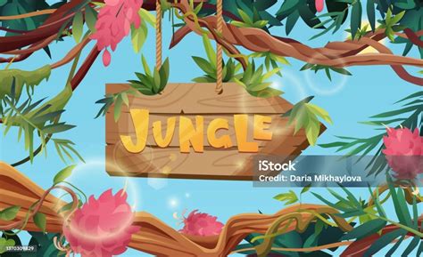 정글 손 문자 나무 텍스트 질감 만화 편지 리아나 또는 열대 잎 배경과 포도 나무 구불 구불 한 가지 열대 우림 열대 등반 식물 0명에 대한 스톡 벡터 아트 및 기타 이미지