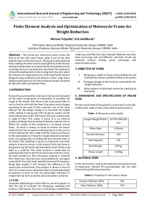 Pdf Irjet Finite Element Analysis And Optimization Of Motorcycle Pdf Irjet Finite Element Analysis And Optimization Of Motorcycle