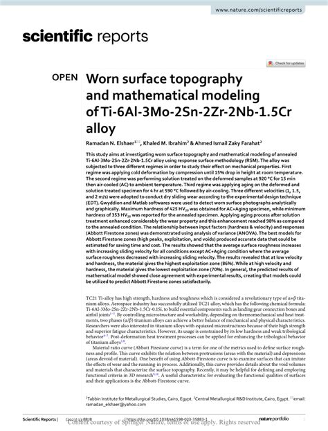 Pdf Worn Surface Topography And Mathematical Modeling Of Ti 6al 3mo