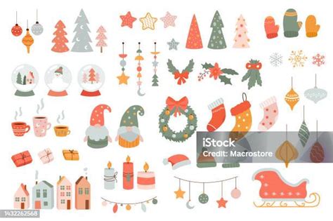 새해 복 많이 받으세요 평면 디자인의 만화 요소로 설정 크리스마스 트리 별 장식 장갑 화환 홀리 눈송이 카카오 컵 기타 고립 된 스티커 번들 벡터 일러스트레이션 크리스마스에