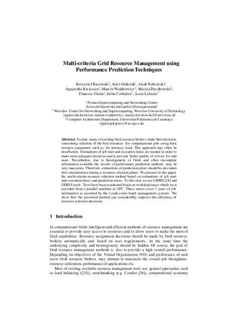 Pdf Multi Criteria Grid Resource Management Using Performance Prediction Techniques