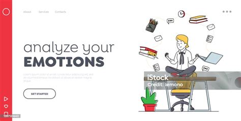 스트레스 감정 휴식 방문 페이지 템플릿 연꽃 포즈에서 편안한 사업가 캐릭터 는 요가 명상을 할 직업에 대한 스톡 벡터 아트 및