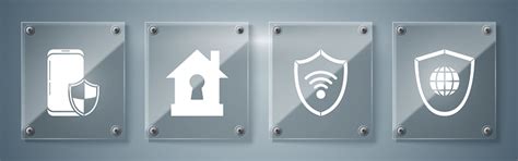 세계 세계 세계와 방패를 설정 와이파이 무선 인터넷 네트워크방패 보호 하에 집 및 보안 방패와 스마트 폰 정사각형 유리 패널 벡터 보안에 대한 스톡 벡터 아트 및 기타