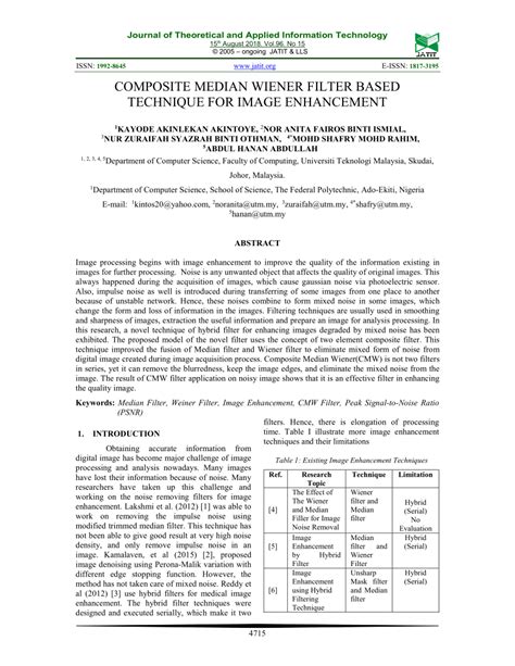 Pdf Composite Median Wiener Filter Based Technique For Image Enhancement