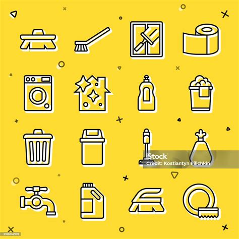 세트 라인 설거지 쓰레기 봉투 거품이 있는 양동이 창문용 고무 클리너 가정 청소 서비스 세탁기 브러시 및 식기 세척 액체 병 아이콘 벡터 가방에 대한 스톡 벡터 아트 및