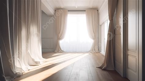 커튼과 햇빛이 있는 방 구석 나무 바닥과 햇빛이 벽에 그림자를 드리운 흰색 빈 방과 커튼의 3d 렌더링 고화질 사진 사진 빈 인테리어 배경 일러스트 및 사진 무료