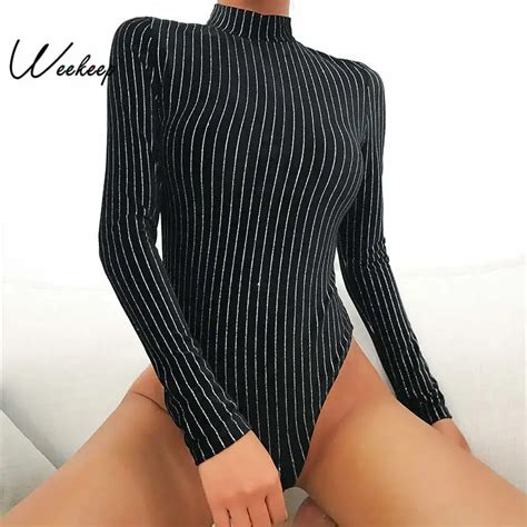 Weekeep Black Stripped O Neck Long Sleeve Bodysuit Women 2018 Spring