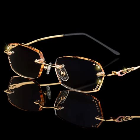 Retail Rhinestone Reading Glasses Women Diamond Cutting Rimless Glasses High Clear Womens Pink