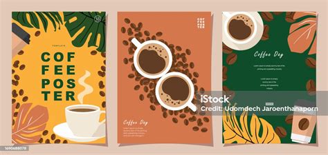 커피 원두와 나뭇잎이 있는 스케치 배너 세트는 포스터 표지 메뉴 배경 또는 다른 템플릿 디자인을 위한 다채로운 배경에 있습니다 벡터 그림입니다 커피 마실 것에 대한 스톡