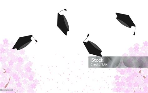 벚꽃 배경이 있는 졸업 이미지 모자가 하늘에 던져졌습니다 날기에 대한 스톡 벡터 아트 및 기타 이미지 날기 학사모 3월