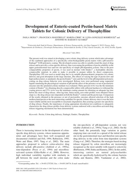 Pdf Development Of Enteric Coated Pectin Based Matrix Tablets For Colonic Delivery Of Theophylline