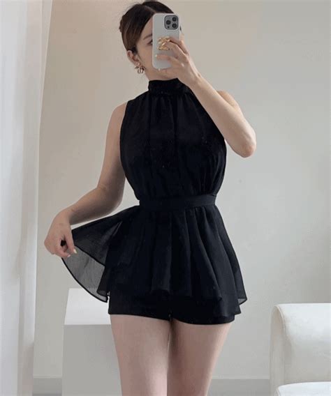 고퀄여신룩 백조 롱타이 시스루 러플 셔링 쉬폰 민소매 여름 블라우스 드레스 2col 에이블리