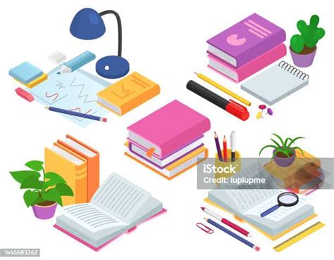 등분 성 교육 개념 벡터 일러스트레이션 3d 심볼 디자인 지식이 있는 플랫 북 아이콘 객체 세트를 연구합니다 학습을위한 만화