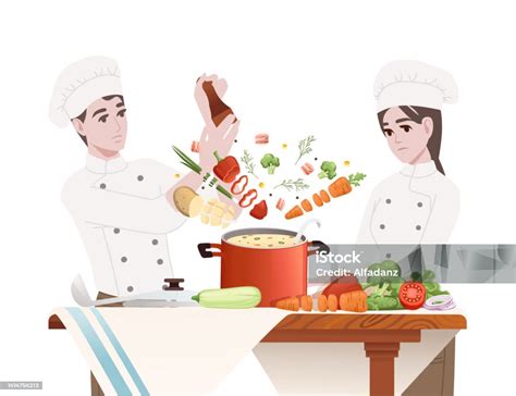 팬과 재료로 주방 테이블 뒤에서 요리하는 요리사가 흰색 배경에 수프 만화 캐릭터 디자인 벡터 일러스트 레이 션을 만듭니다 가구에 대한 스톡 벡터 아트 및 기타 이미지